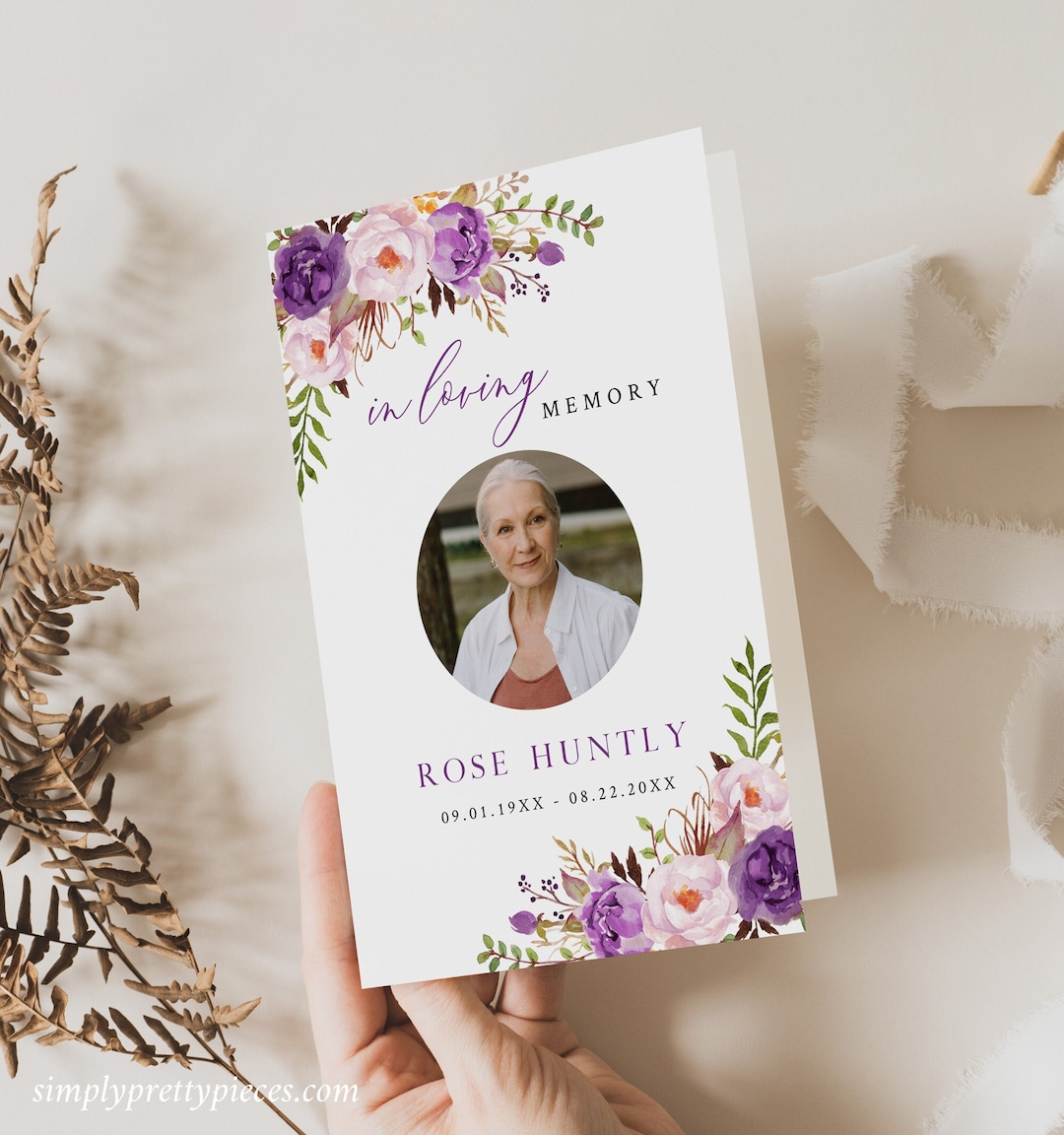 Purple Floral Funeral Booklet Program Woman, Foldable Celebration of ...
