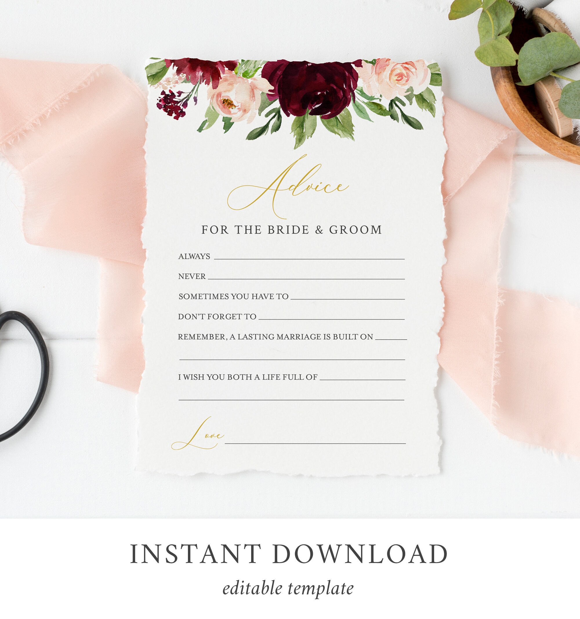Paper And Party Supplies Advice Card Editable Burgundy Blush Gold Floral