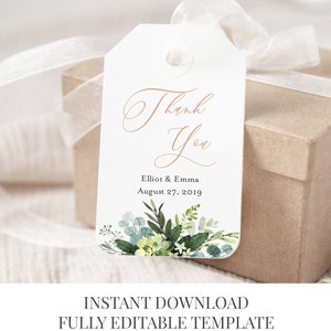 Greenery Rose Gold Editable Tags, Printable Botanical Favor Tags ...