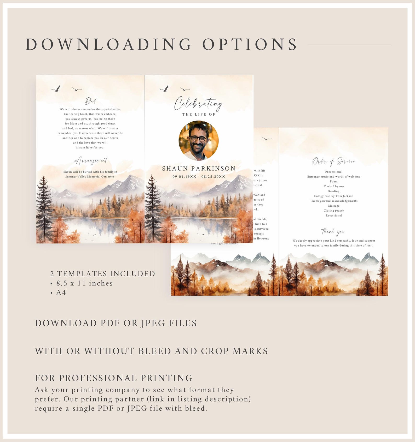 Woodland Funeral Booklet Program, Foldable Memorial Program Man ...