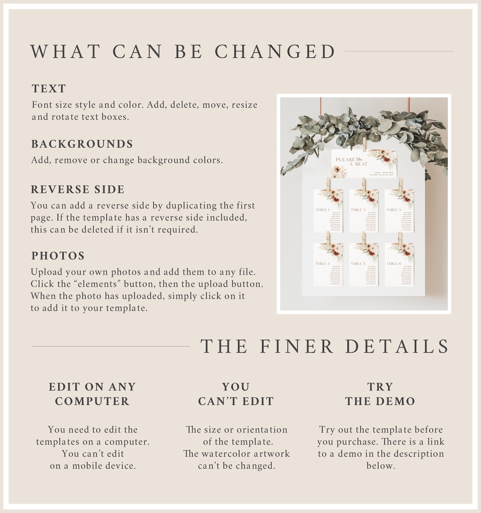 Editable Bohemian Seating Chart Template, Pampas Grass Dried Flower ...