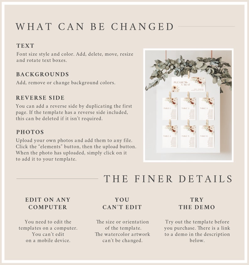 Editable Bohemian Seating Chart Template, Pampas Grass Dried Flower ...