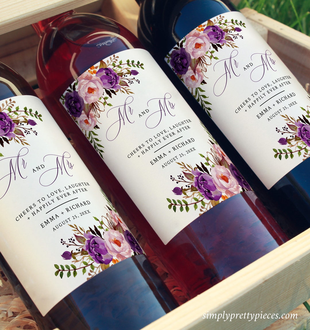 Purple Floral Wine Bottle Label, Printable Full Size Wine Bottle Label ...