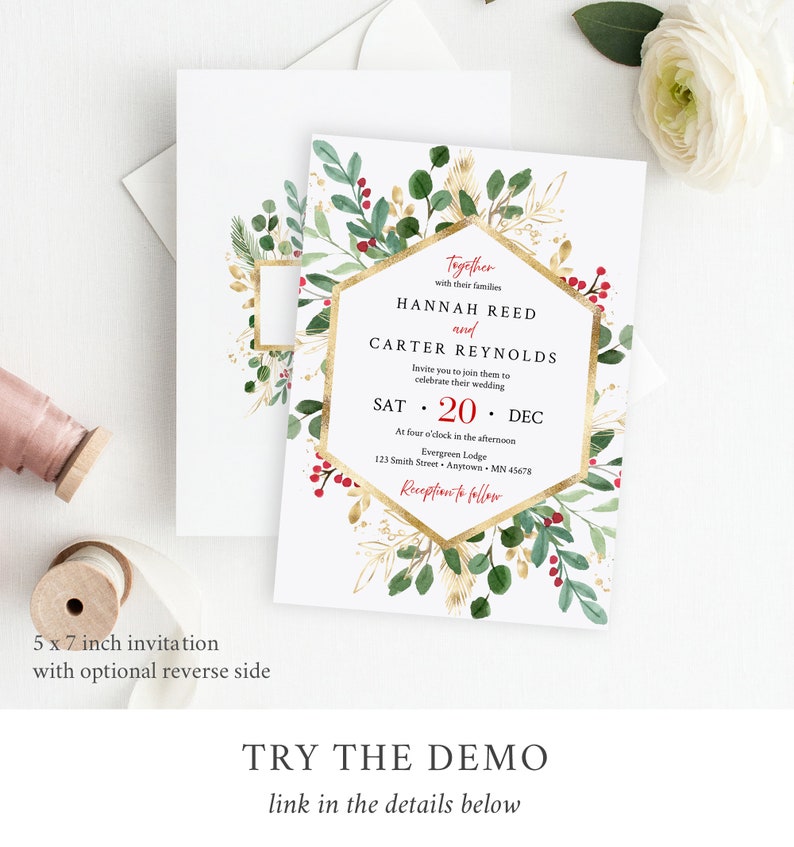 Editable Winter Red Berry Wedding Invitation, Gold Greenery Christmas ...
