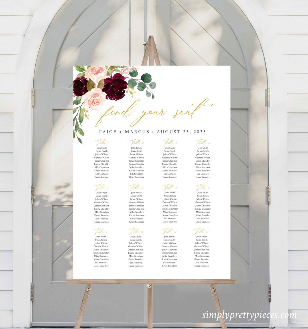 Burgundy Blush Gold Editable Table Plan, Floral Wedding Printable ...