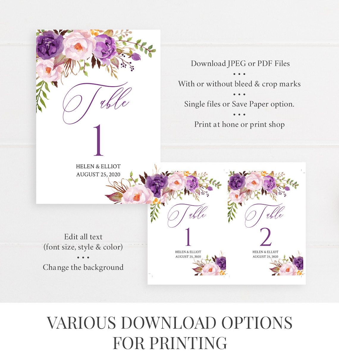 Purple Boho Editable Table Numbers, Printable Purple Lilac Floral Table ...