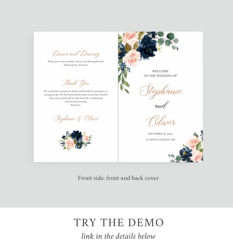 Editable Navy Blush Rose Gold Booklet Program Foldable | Etsy