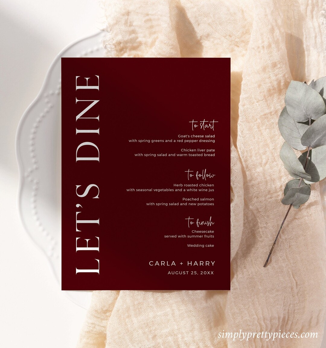 Jewel Tone Wedding Menu, Minimal Table Wedding Menu, Modern Burgundy ...