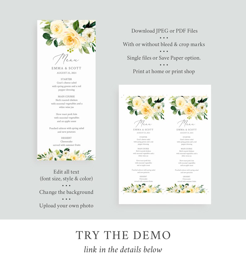 Yellow Greenery Floral Editable Menu Pale Yellow Boho Table - Etsy