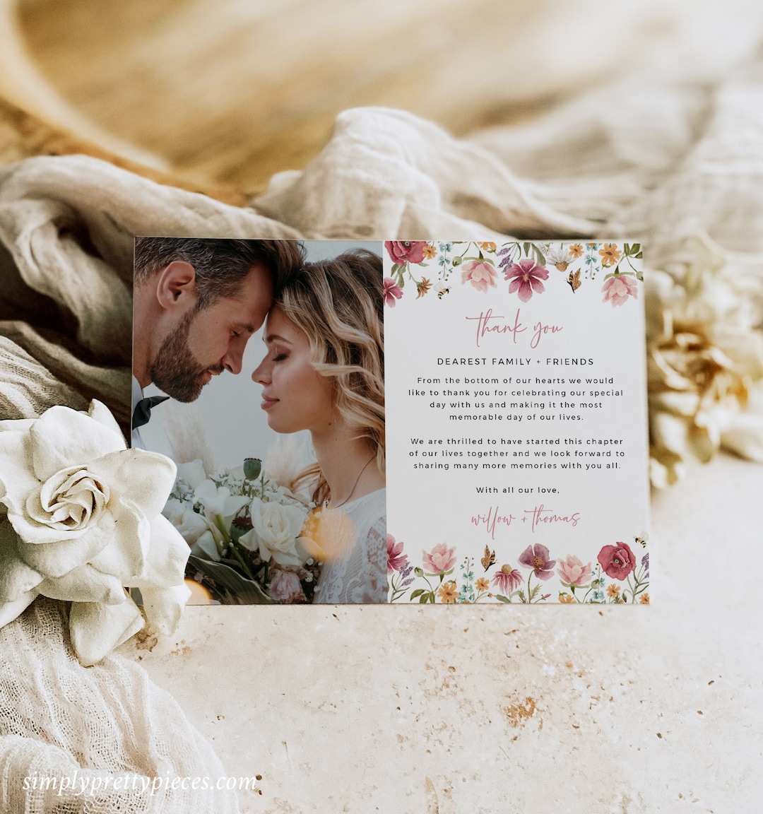 Wildflower Thank You Card With Photo Wedding Thank You Card Wildflower ...