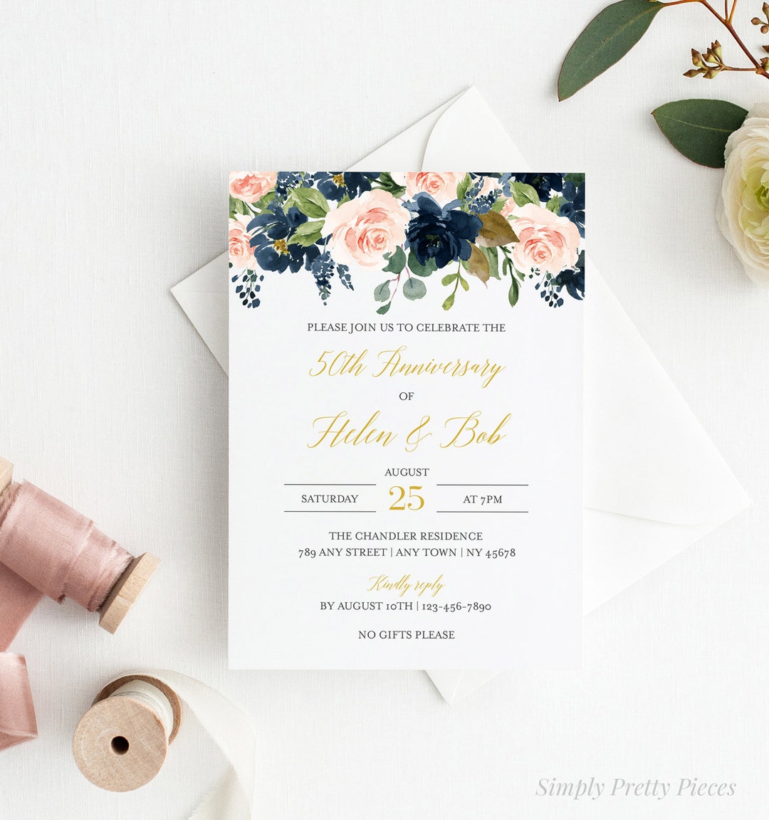 Blush Navy Gold Floral Editable Anniversary Party Invitation, Pink Blue ...