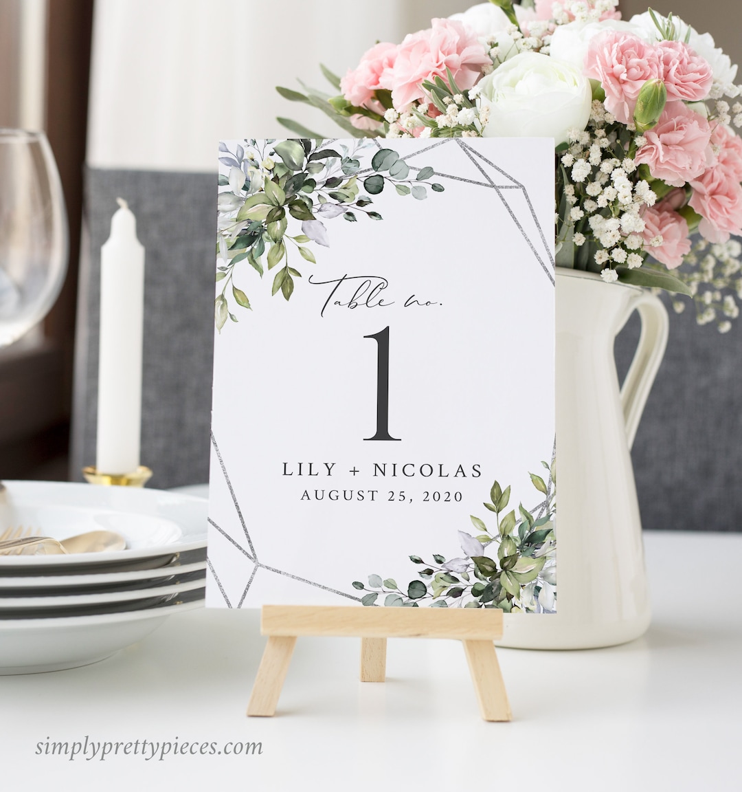 Silver Greenery Geometric Editable Table Numbers, Printable Foliage ...