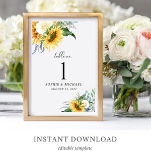Sunflower Editable Table Numbers, Printable Yellow Floral Table Numbers ...