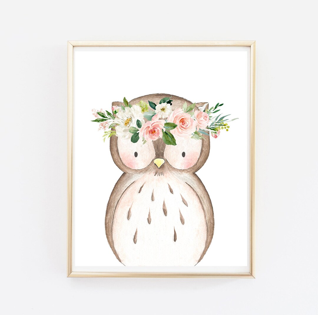 Blush Boho Owl Printable Wall Art, Floral Owl Nursery Art Print ...