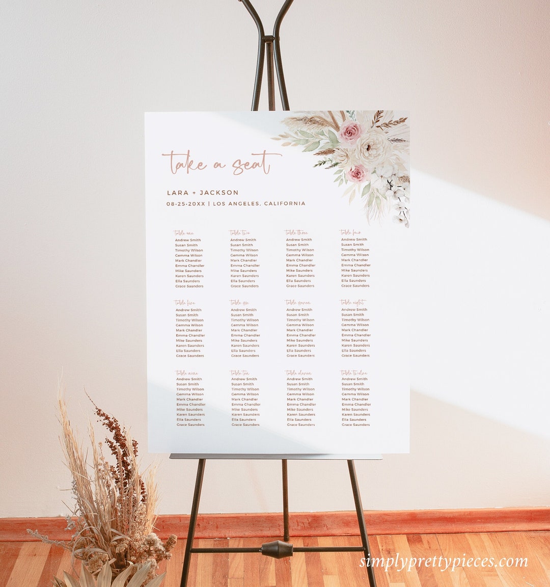 Boho Wedding Seating Chart, Dusty Rose Seating Chart, Pampas Grass ...