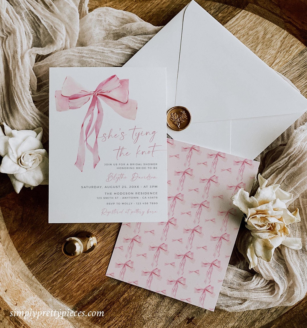 Pink Bow Bridal Shower Invitation, She's Tying the Knot Invite Template ...