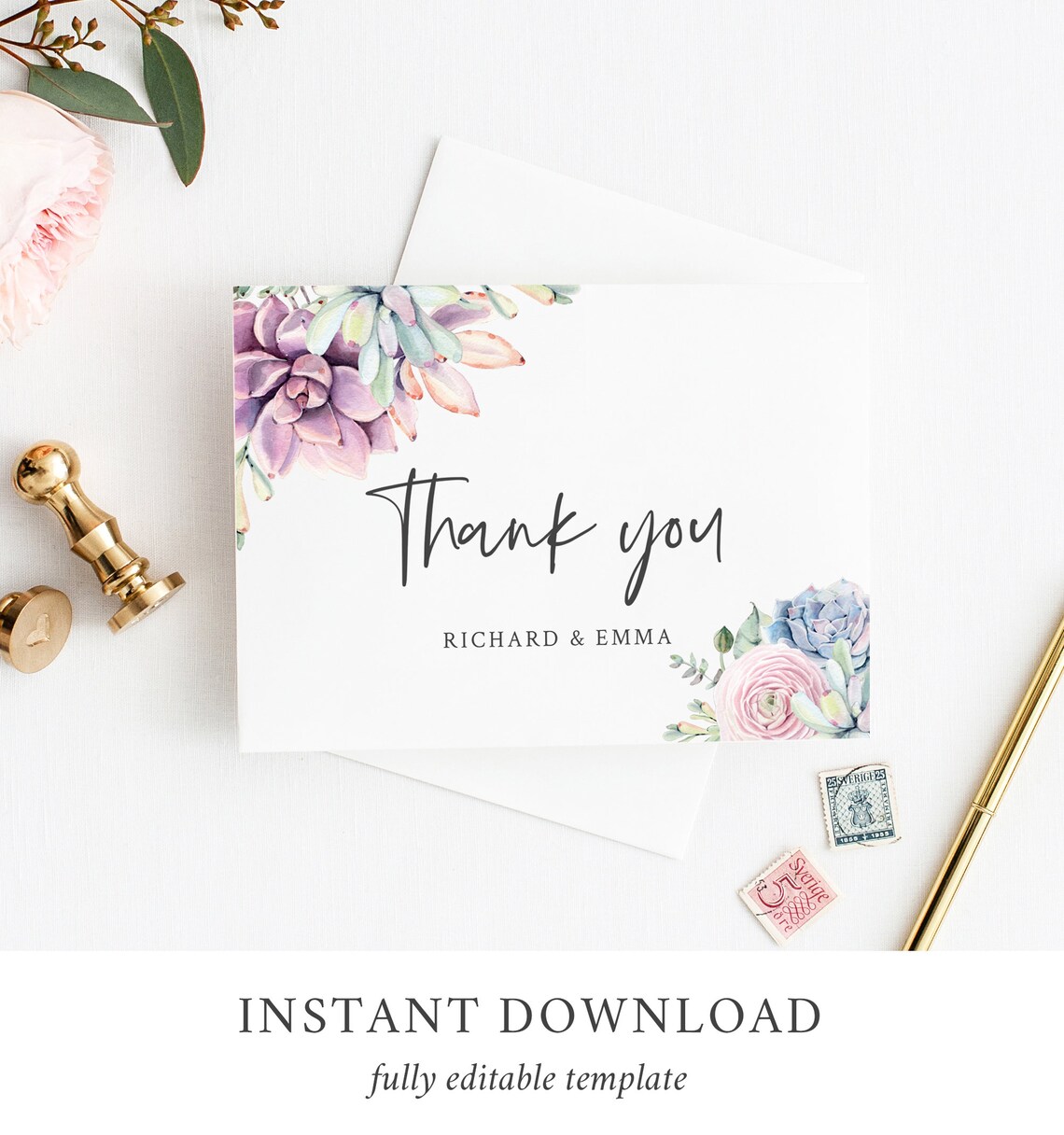 Succulent Printable Thank You Cards Editable Cactus Thank You | Etsy