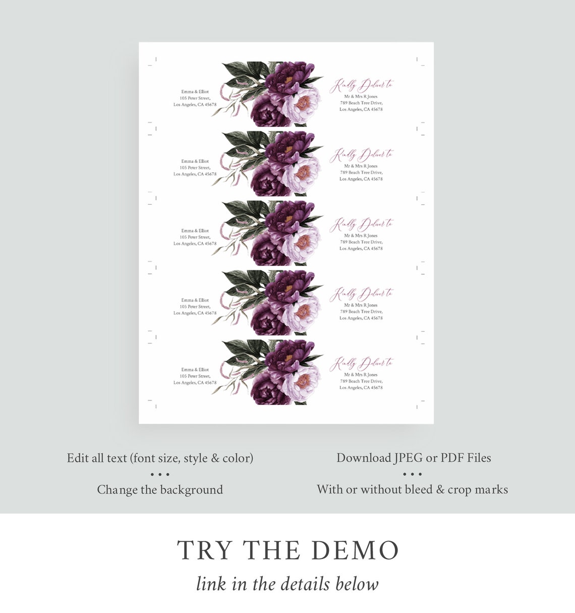 Purple Floral Editable Wrap Around Address Label Template - Etsy