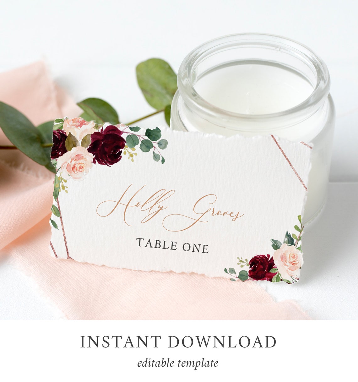 Editable Burgundy Rose Gold Place Cards Merlot Blush Green | Etsy