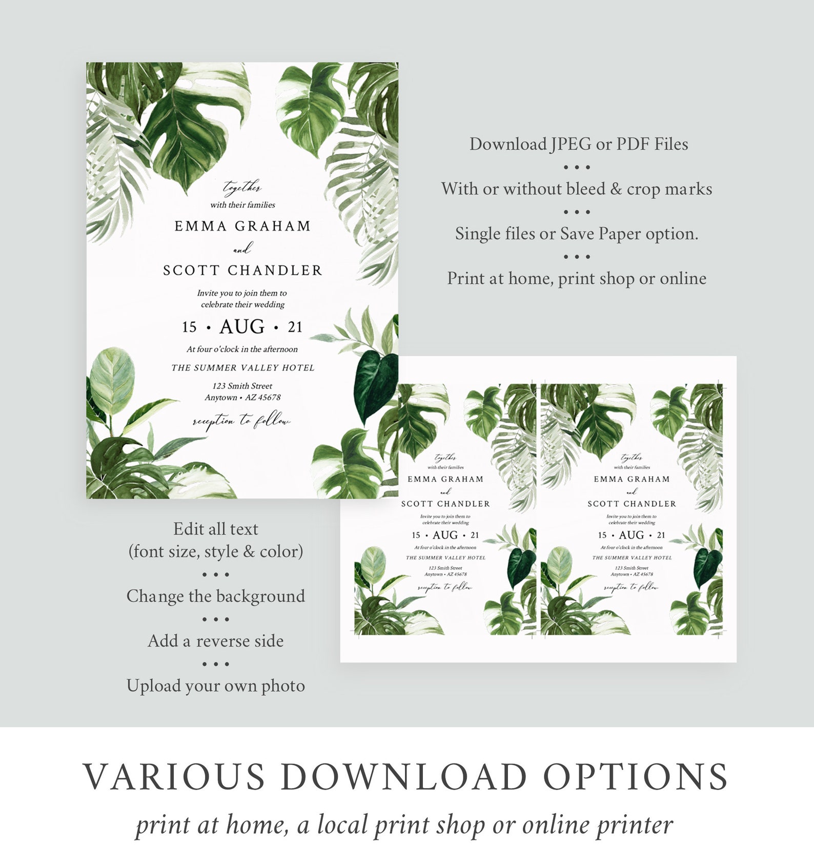 Editable Monstera Wedding Invitation, Tropical Greenery Wedding Invite ...