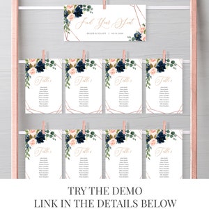 Navy Rose Gold Geometric Editable Seating Chart Template, Blush Pink ...