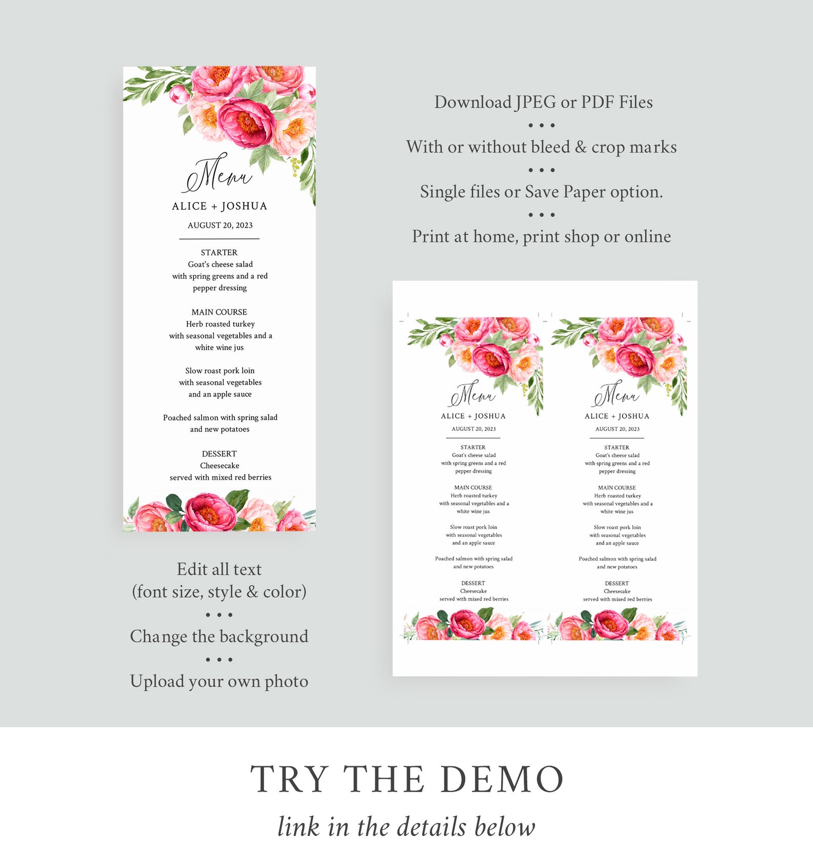 Fuchsia Coral Blush Floral Editable Menu, Peonies Table Wedding Menu ...