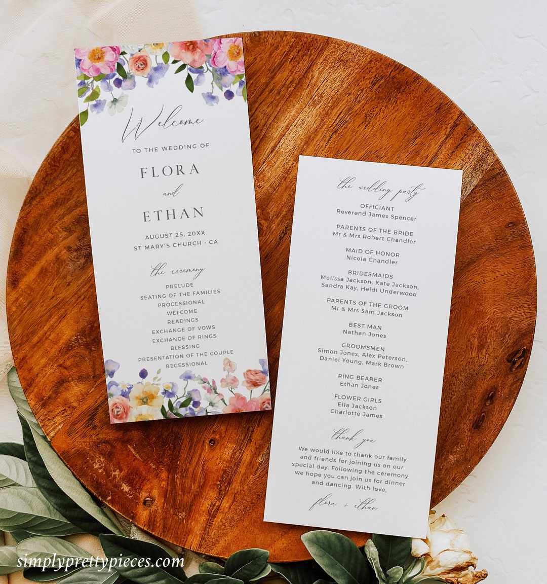 Floral Wedding Program, Ceremony Program With Flowers, Summer Wedding ...