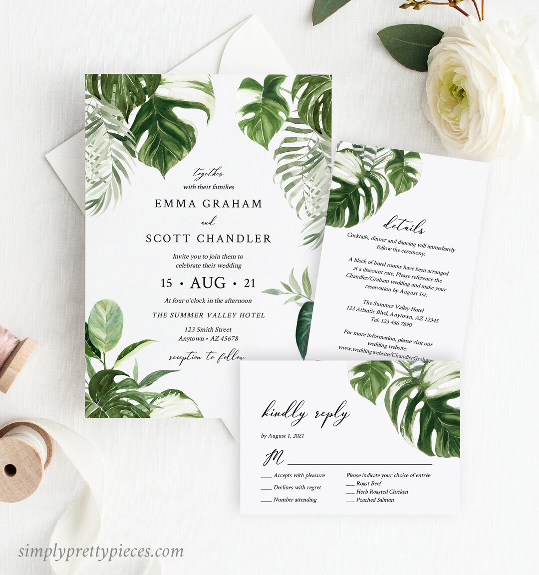 Monstera Editable Wedding Invitation Suite, Tropical Greenery RSVP ...