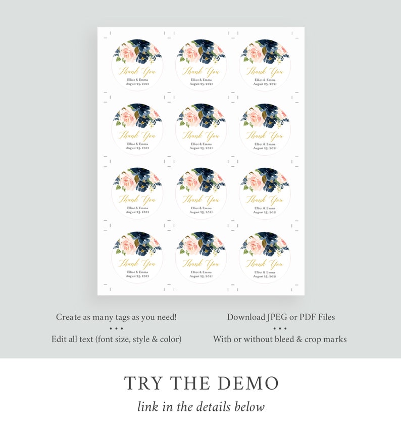 Blush Navy Gold Floral Round Editable Tags Printable Boho | Etsy