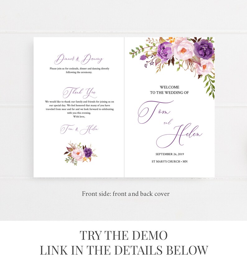 Purple Violet Floral Booklet Program Foldable Wedding - Etsy