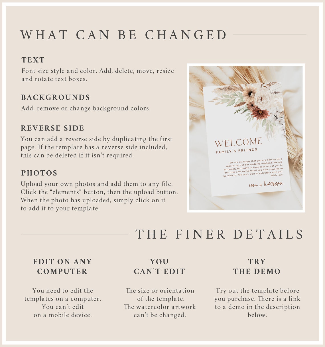 Boho Editable Welcome Bag Letter Itinerary, Modern Pampas Grass Wedding ...