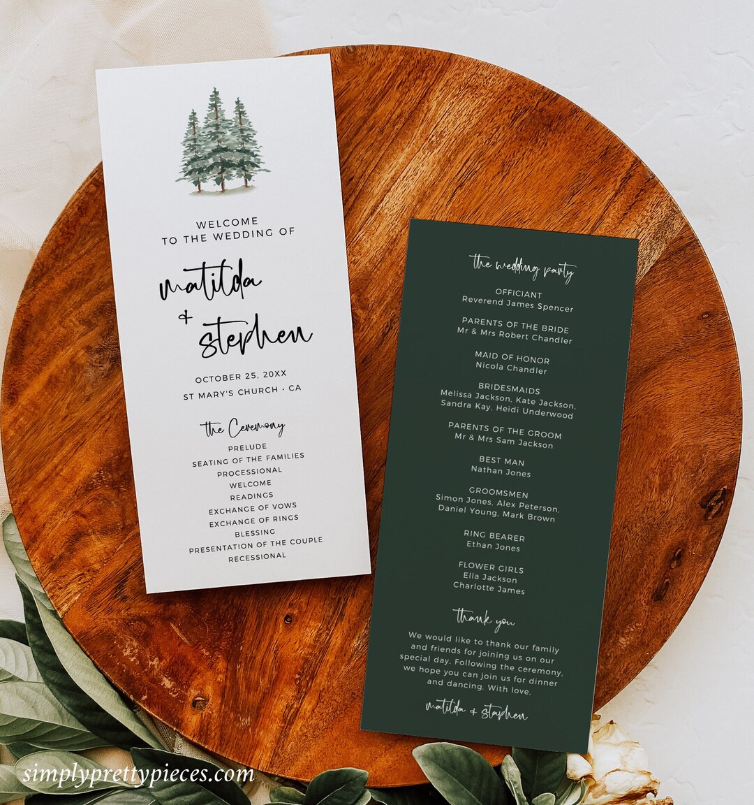 Rustic Pine Editable Wedding Program, Minimal Evergreen Program ...