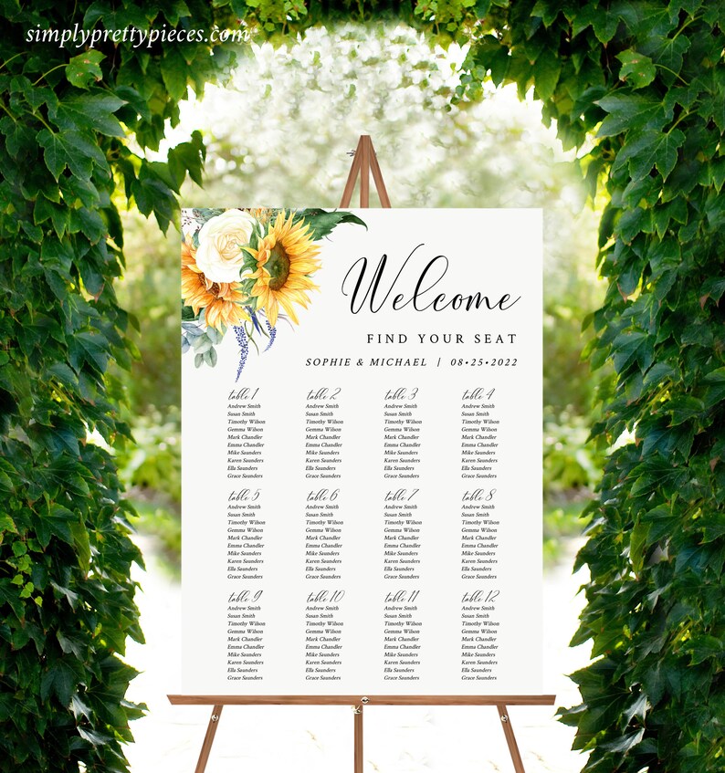 Sunflower Editable Table Plan, Yellow Floral Wedding Printable Seating ...