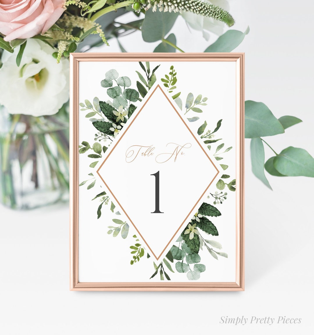 Greenery Rose Gold Editable Table Numbers, Foliage Frame Printable ...