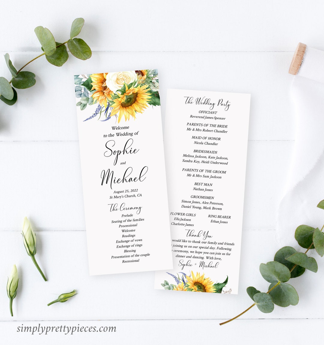 Sunflower Editable Wedding Program, Yellow Floral Program, Eucalyptus ...