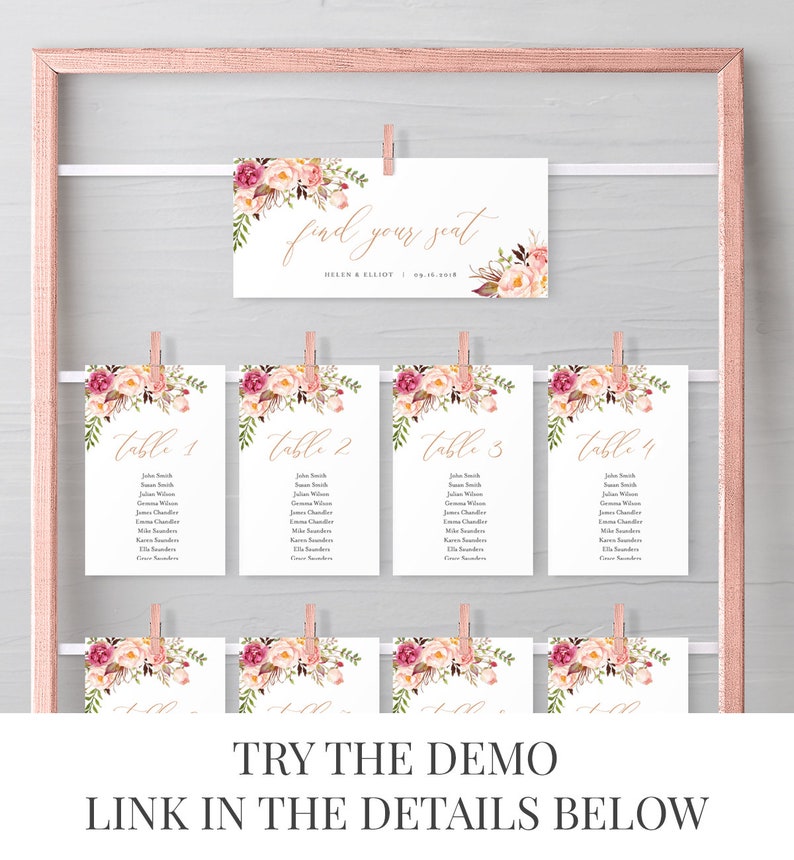 Rose Gold Boho Editable Seating Chart Template Pink Floral - Etsy