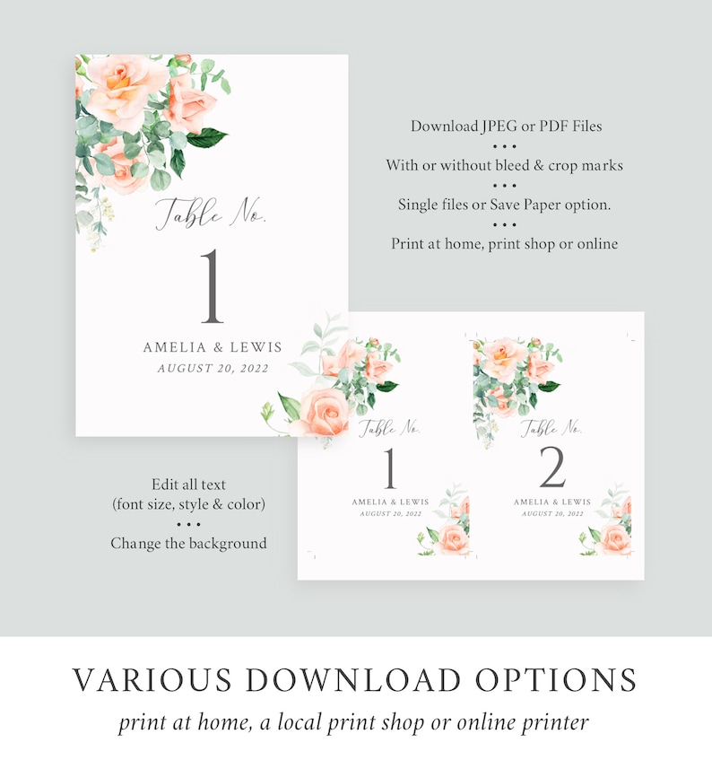 Peach Rose Editable Table Numbers, Printable Peach Floral Table Numbers ...