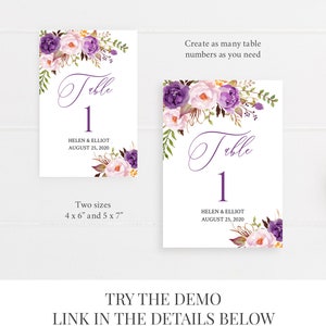 Purple Boho Editable Table Numbers, Printable Purple Lilac Floral Table ...