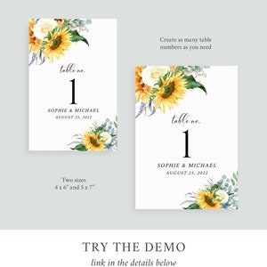 Sunflower Editable Table Numbers, Printable Yellow Floral Table Numbers ...