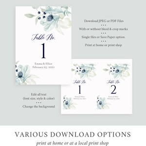 Navy Silver Gray Floral Editable Table Numbers, Printable Winter ...