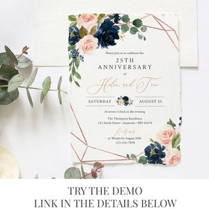 Blush Navy Rose Gold Floral Editable Anniversary Party Invitation ...