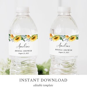 Sunflower Editable Water Bottle Labels, Yellow Floral Eucalyptus Water ...