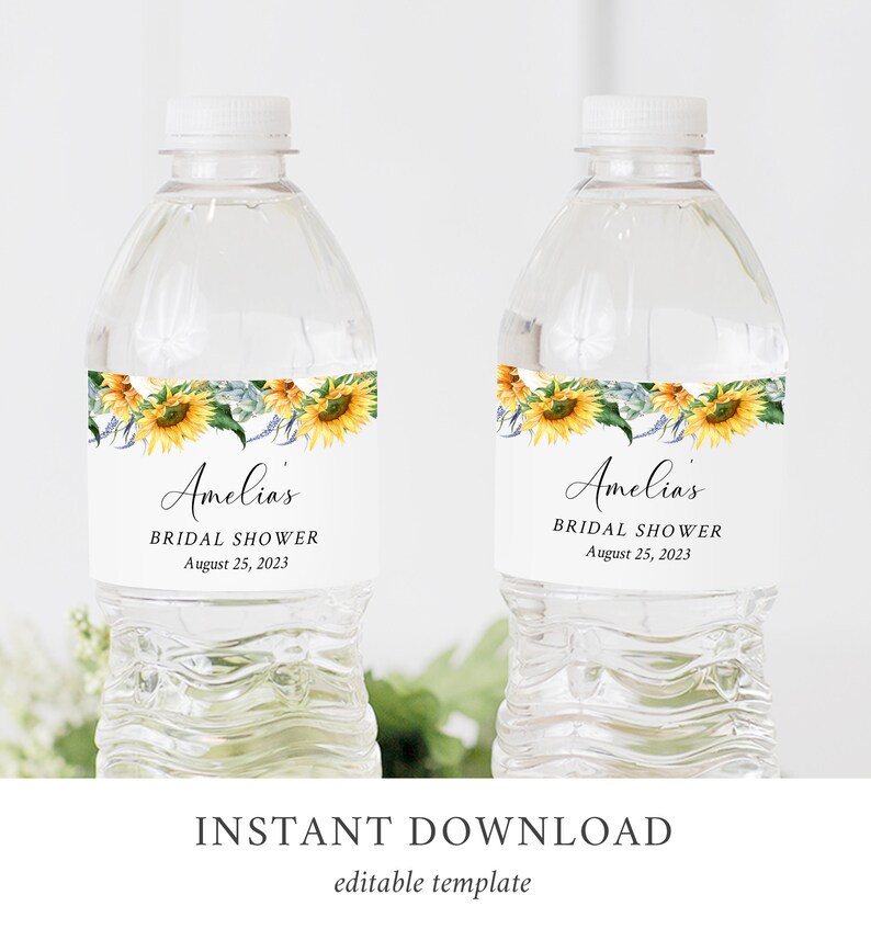 Sunflower Editable Water Bottle Labels, Yellow Floral Eucalyptus Water ...