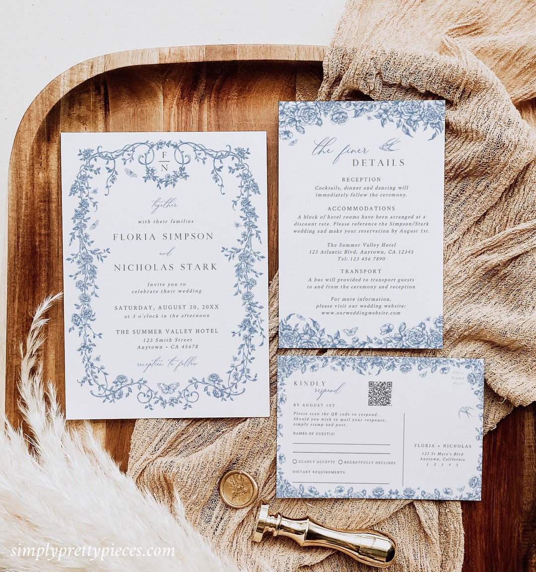 Dusty Blue Toile De Jouy Wedding Invitation Set QR Code RSVP ...