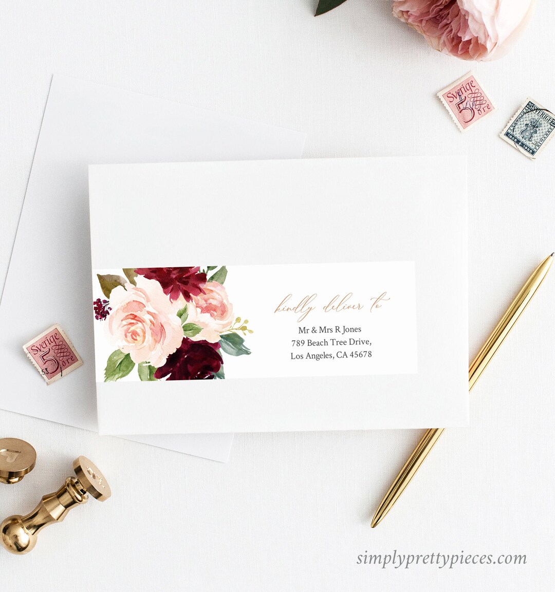 Burgundy Rose Gold Editable Wrap Around Address Label Template ...