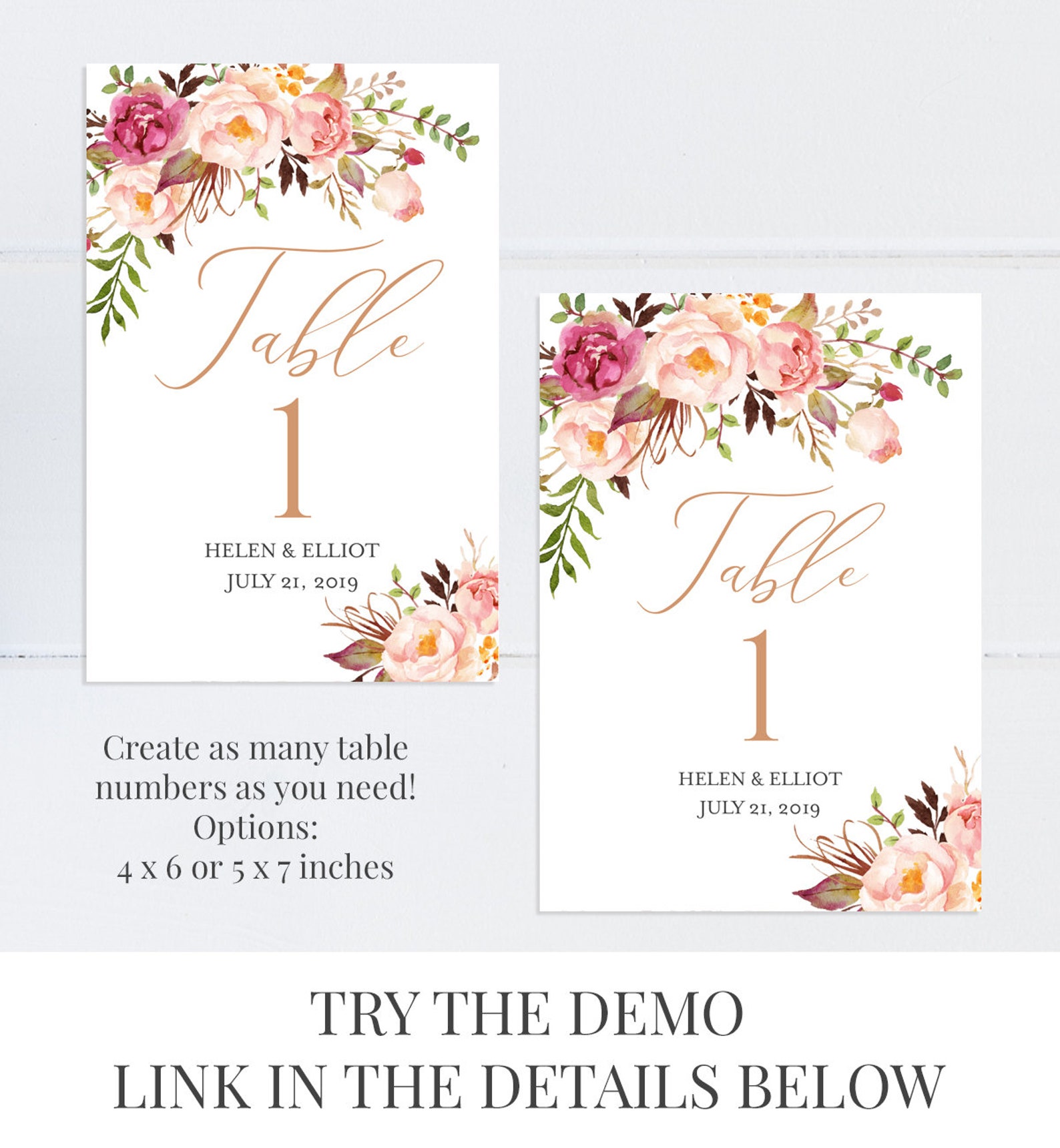 Rose Gold Editable Table Numbers, Floral Table Numbers, Pink Blush Boho ...
