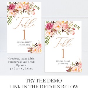 Rose Gold Editable Table Numbers, Floral Table Numbers, Pink Blush Boho ...