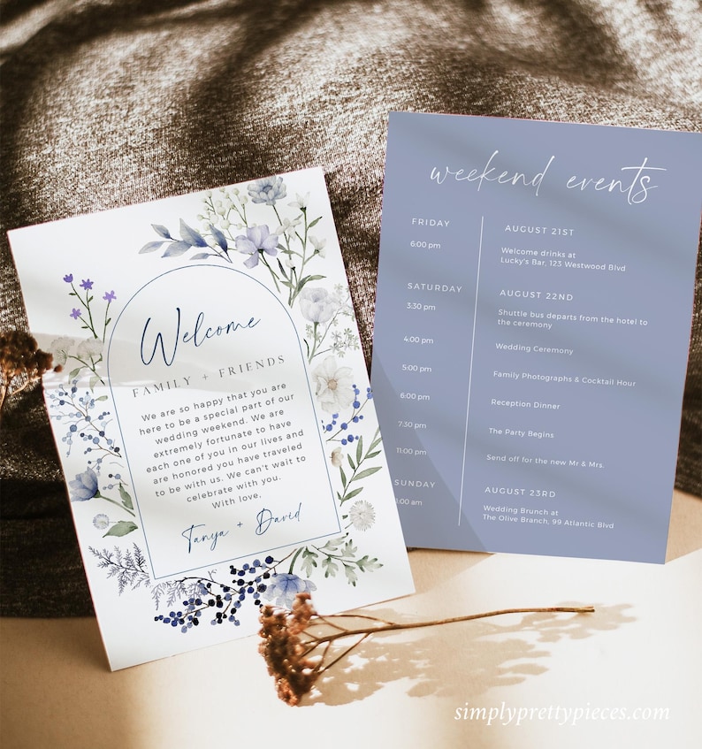 Dusty Blue Wildflower Wedding Weekend Itinerary Template, Floral ...