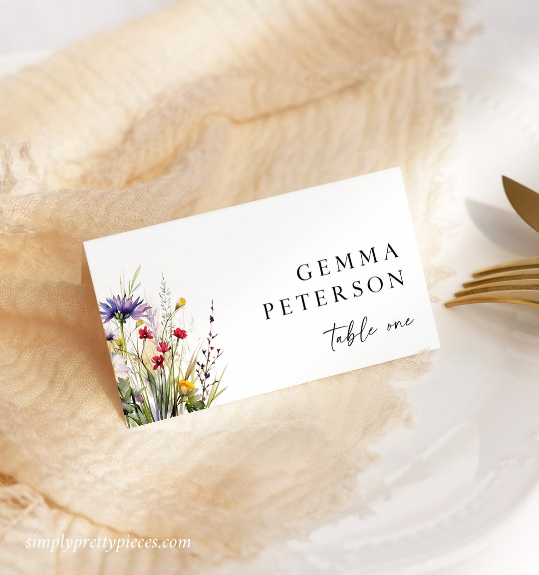 Bright Wildflower Place Card, Meadow Flower Name Card, Floral Wedding ...