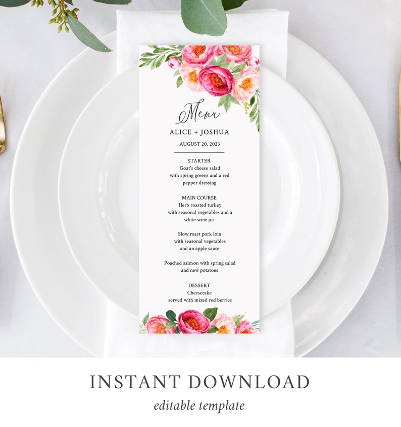 Fuchsia Coral Blush Floral Editable Menu Peonies Table | Etsy